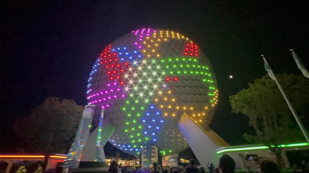 EPCOT 40TH Anniversary Spaceship Earth Beacon of Magic Light Show 10/1 ...