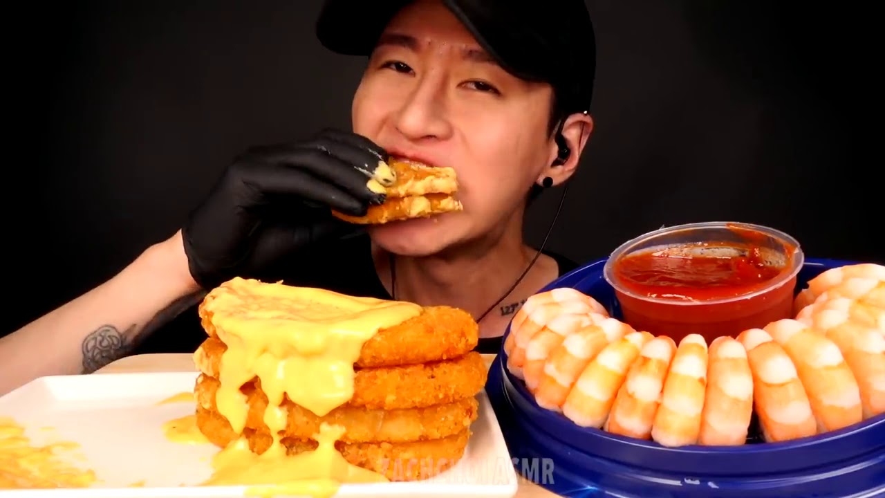 ASMR CHEESY HASH BROWNS & SHRIMP COCKTAILS MUKBANG No Talking EATING ...