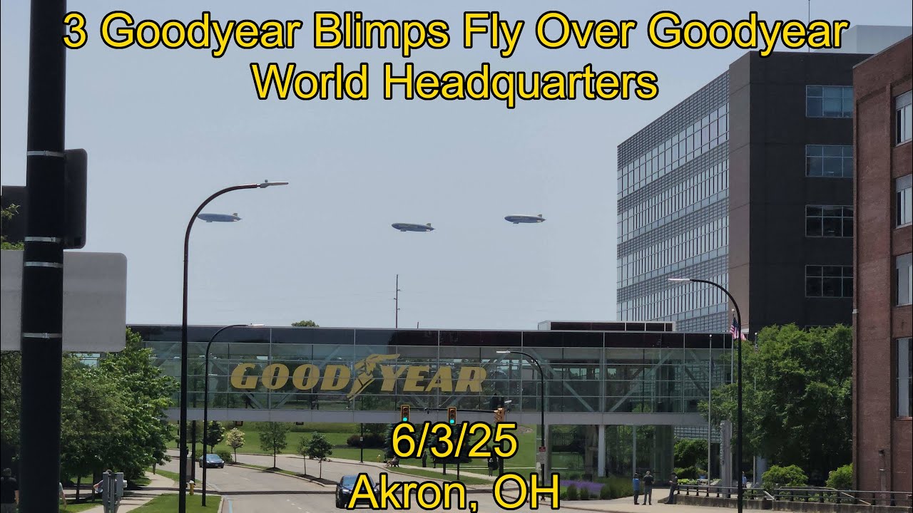3 Goodyear Blimps Fly Over Goodyear World Headquarters for Goodyear Blimp 100th Birthday - Akron ...