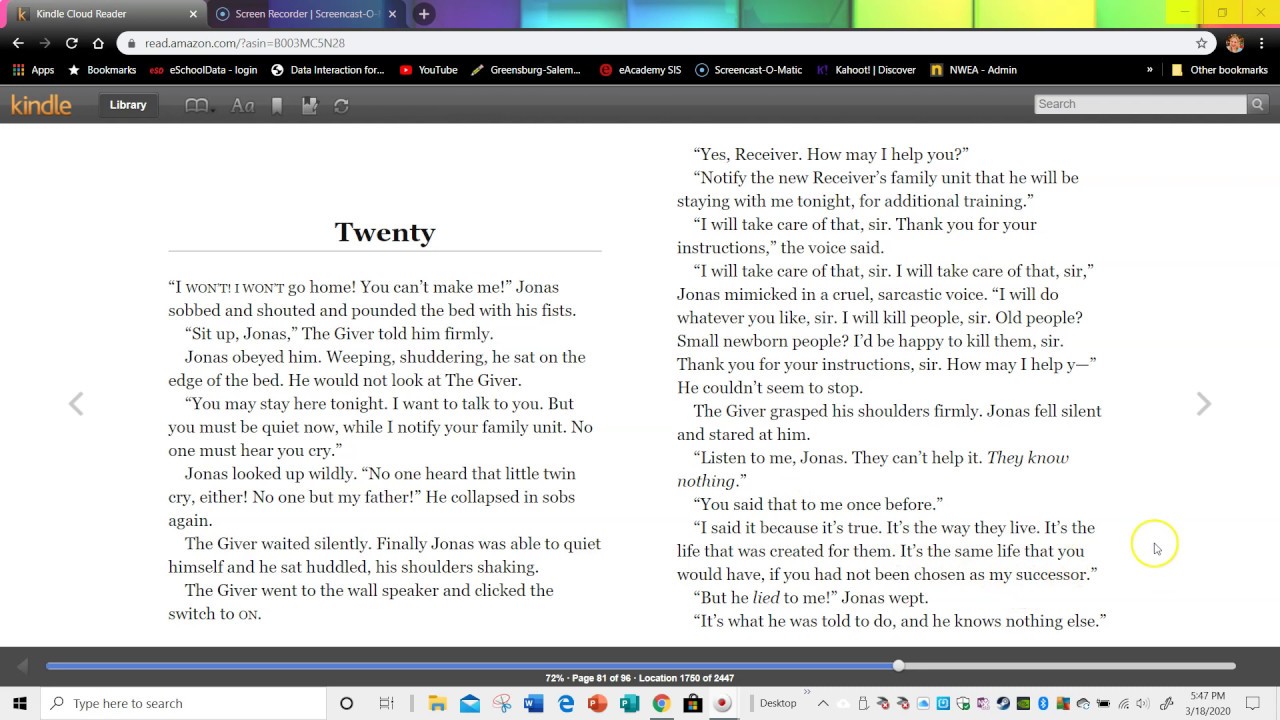 Chapter 20 of The Giver - YouTube