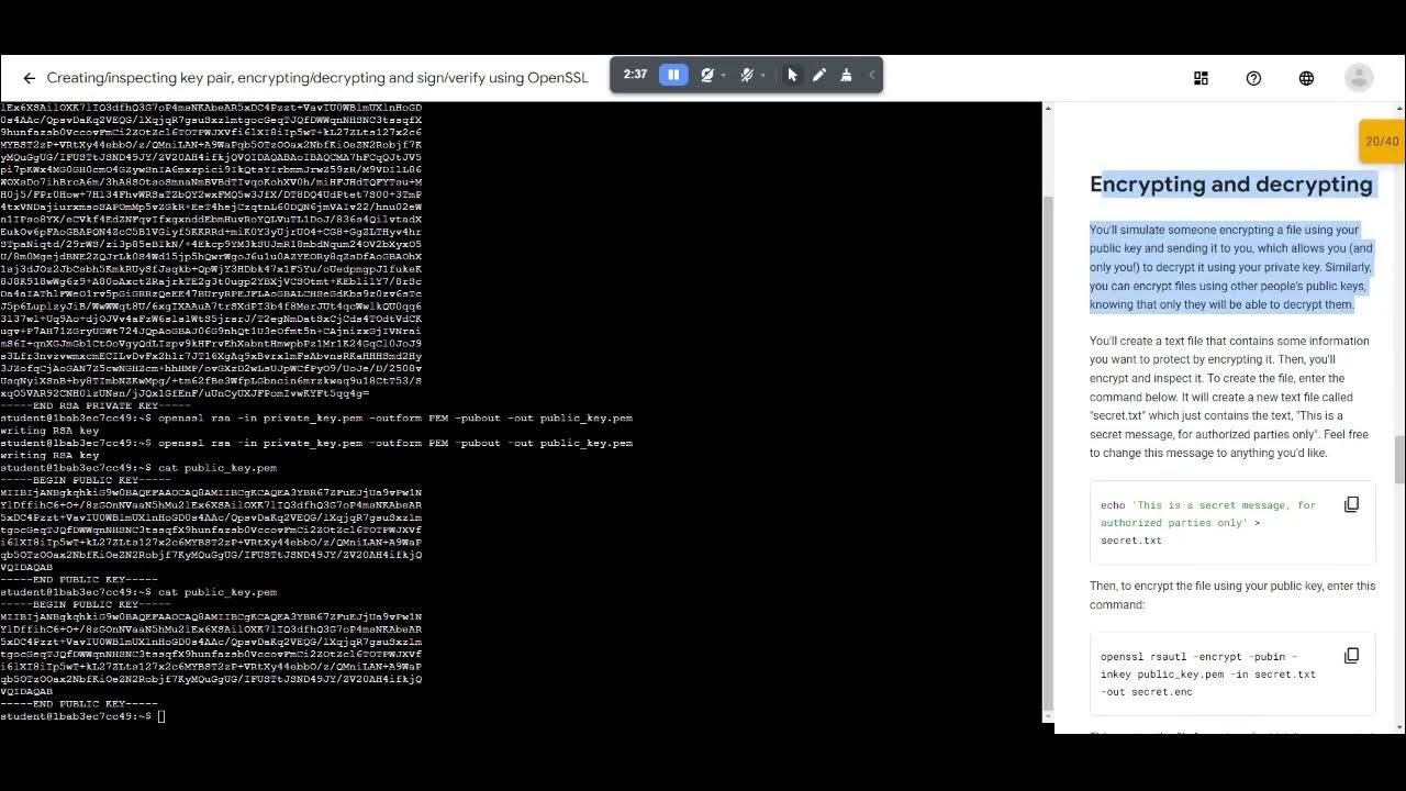 Creating inspecting key pair, encrypting decrypting and sign verify using OpenSSL _ Qwiklabs ...