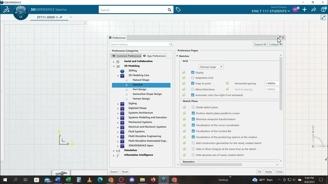 Building a simple single Feature Solid in 3D Experience II Preferences ...