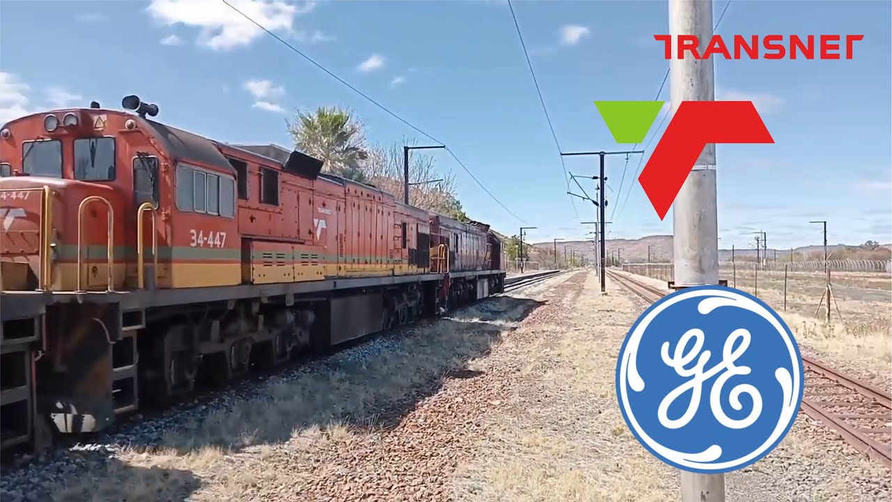 Mighty GE power, Class 34 Transnet locos on a heavy cement train. U26C ...