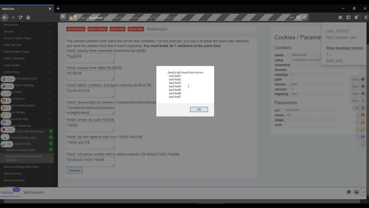 [WebGoat 7 - Parameter Tampering] Bypass Client Side JavaScript Validation - YouTube