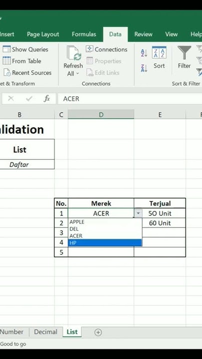 cara membuat pilihan data pada cell excel dengan data validation List #short #tutorialexcel ...