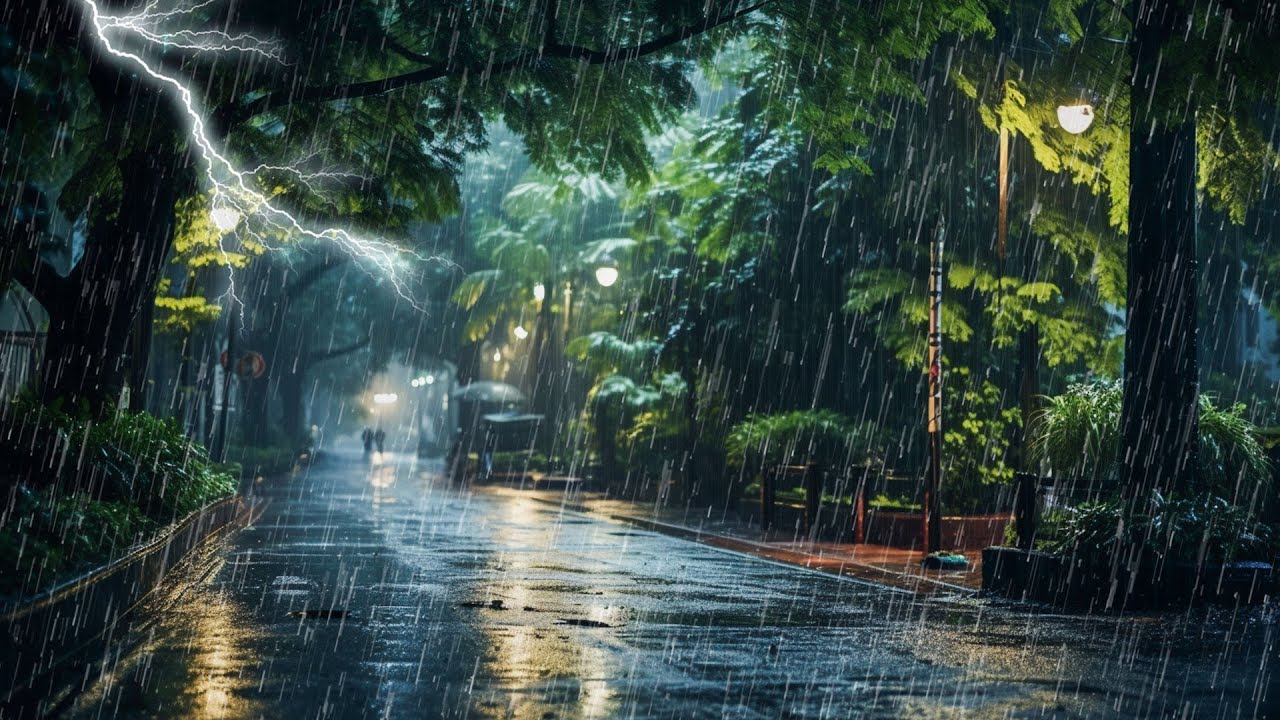 Heavy rain falling on the roadside at night & thunder sounds - Sound of ...