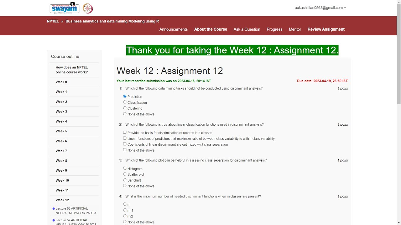 Assignment 12 Business Analytics And Data Mining Modeling Using R Nptel 2k23 Data Science 1603