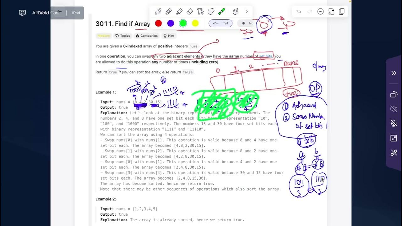 Leetcode Live Attempt | 3011. Find if Array Can Be Sorted - YouTube