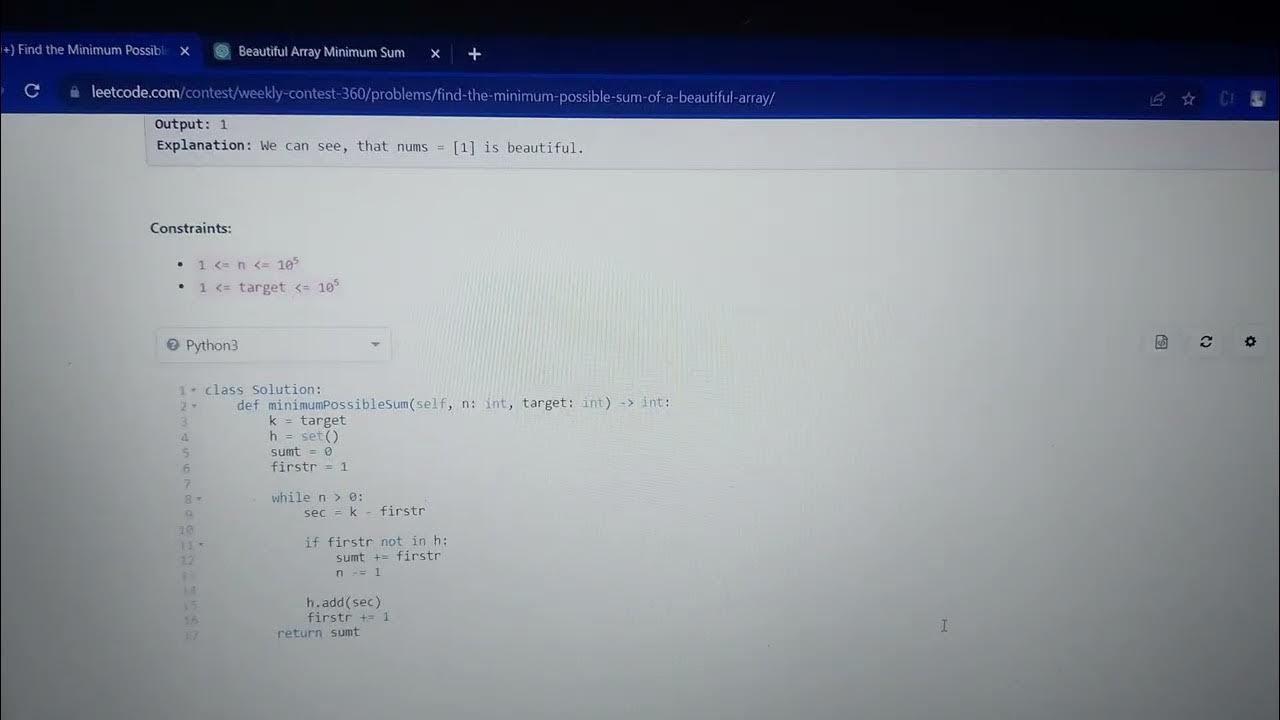 find the minimum possible sum of a beautiful array #python #leetcodechallenge #leetcode - YouTube