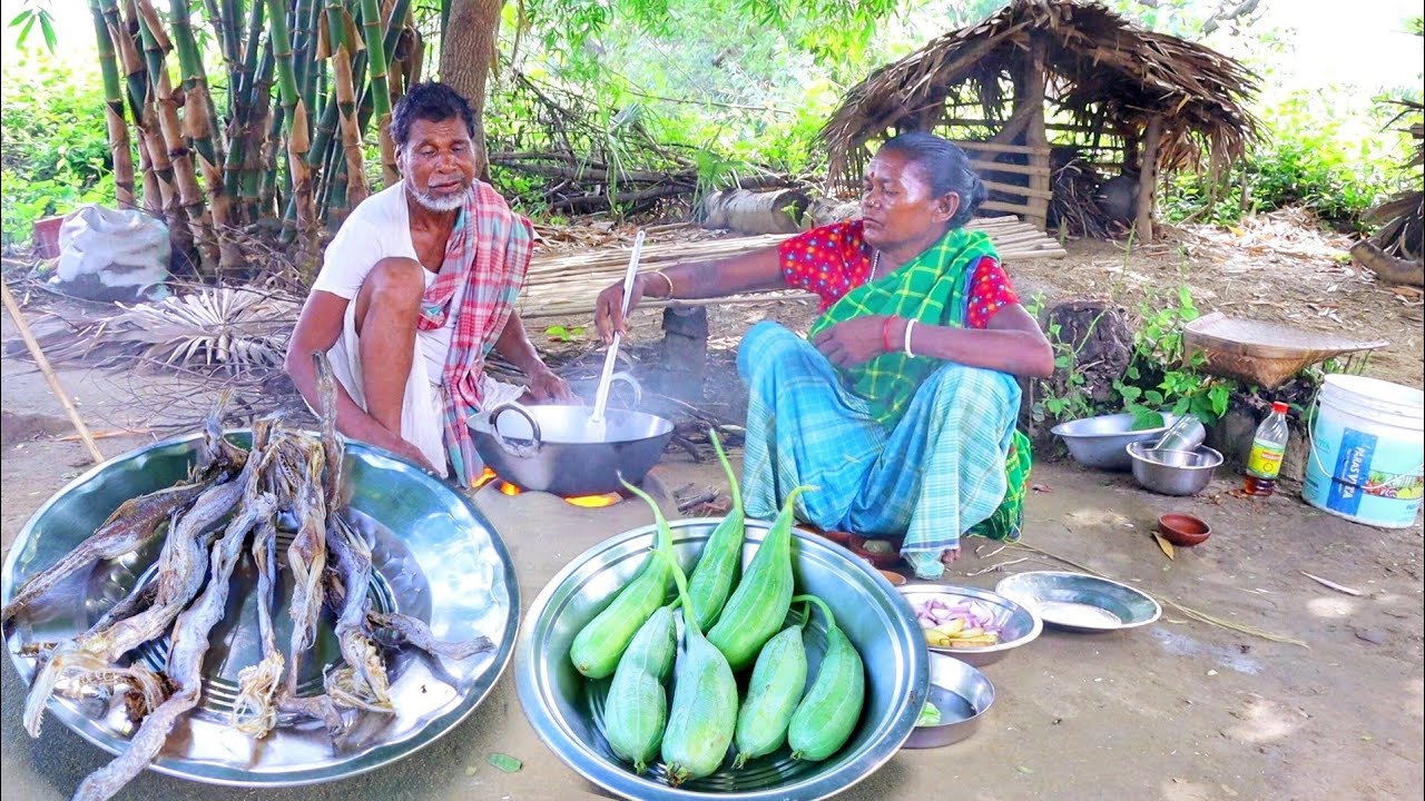 santali tribe grandma cooking dry fish & ridge gourd recipe for their ...