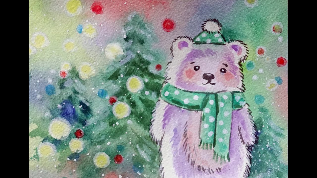 Watercolor Polar bear and Christmas trees| Easy Watercolor Christmas ...
