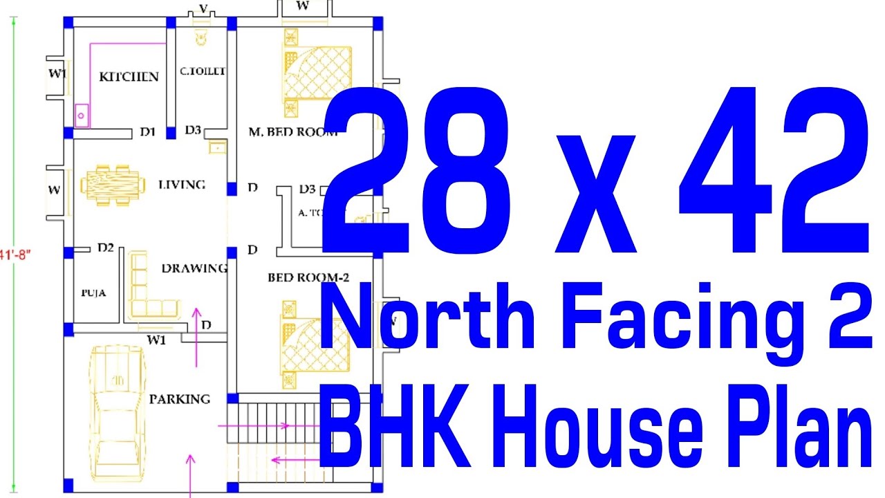 28 X 42 North Facing 2 BHK House Plan With Pooja Room Staircase And 28 X 42 North Facing 2 BHK House Plan With Pooja Room Staircase And