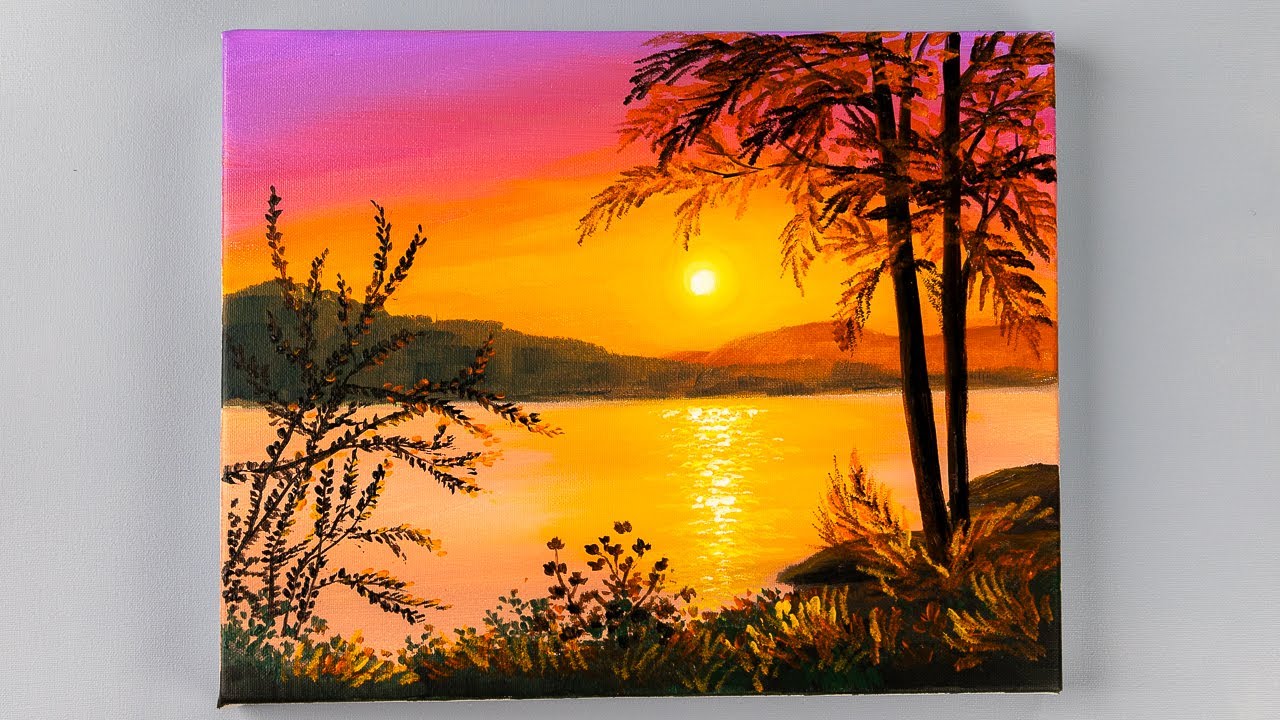 Sunset painting / Sunset lake painting / Painting Tutorial For ...