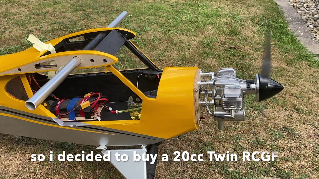 Carbon cub 15cc hangar 9 RCGF twin 20cc & scale LEDs - YouTube