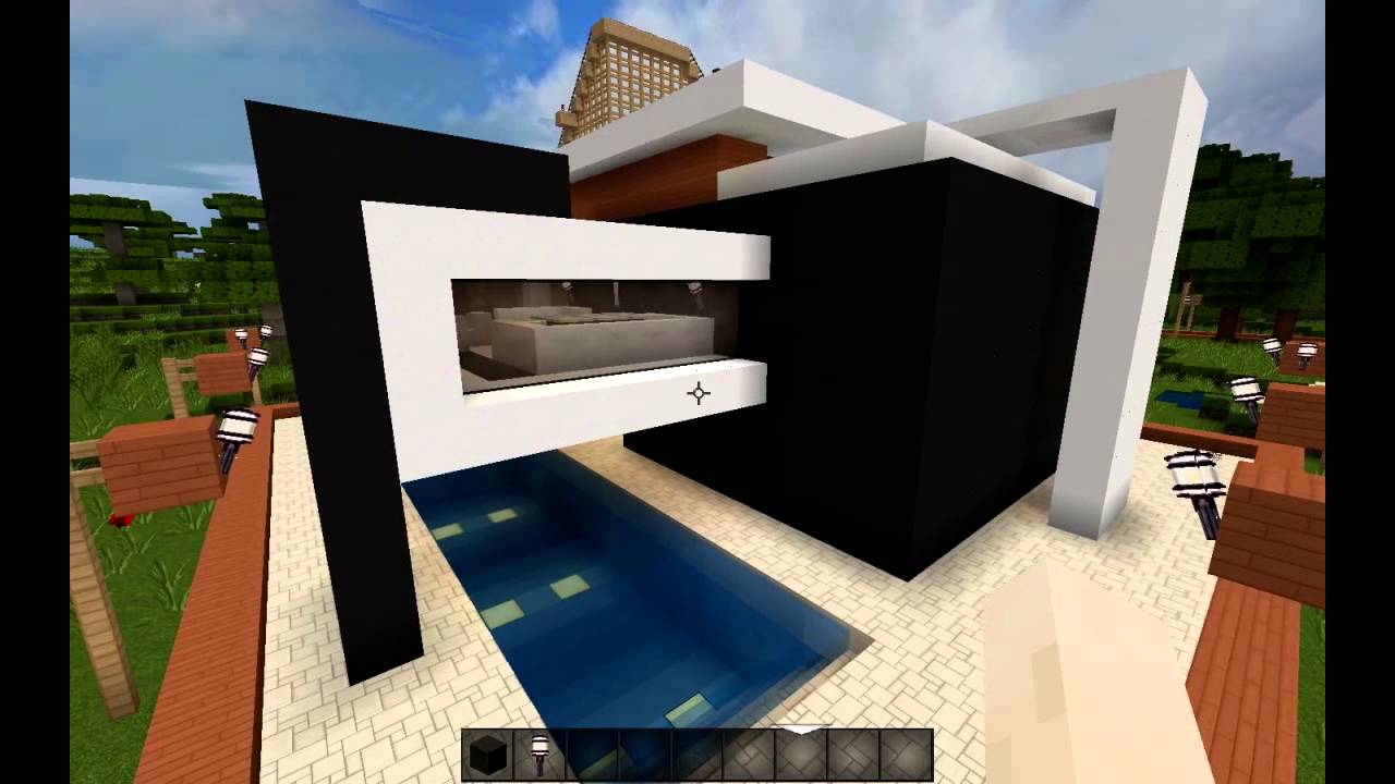 First Minecraft Modern House with a pool, a garage and a train station ...