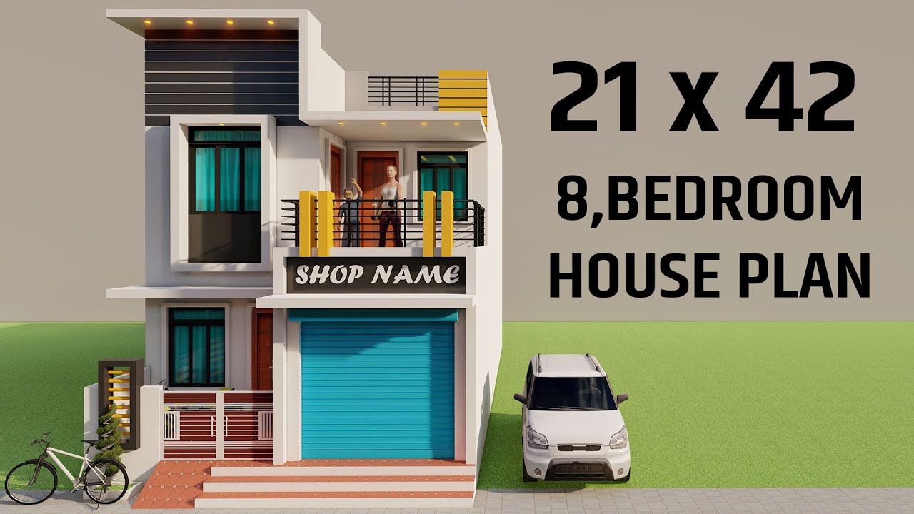 21x42 में 8 कमरे के साथ दुकान और मकान का नक्शा,3D 21x42 8 Bedroom House ...