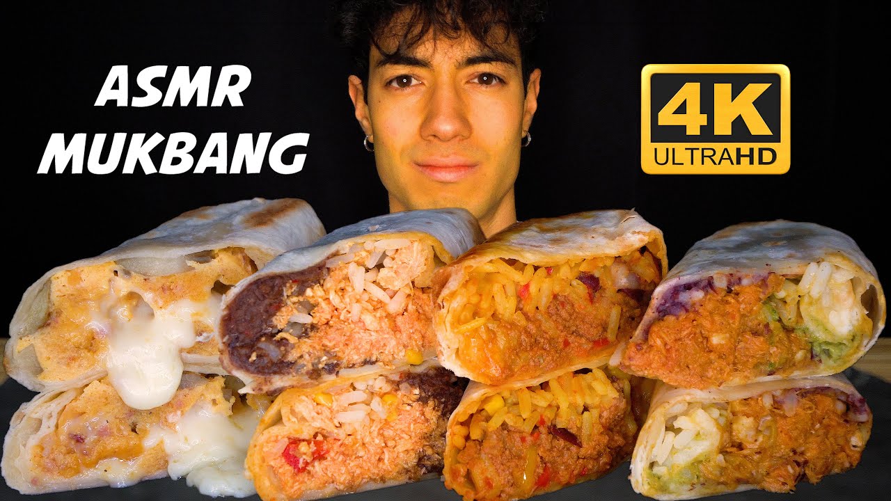 ASMR MUKBANG BURRITOS - Chili Beef, Cochinita Guacamole, Chicken ...