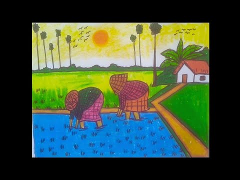 Village farmer working in paddy field drawing l how to draw easy ...