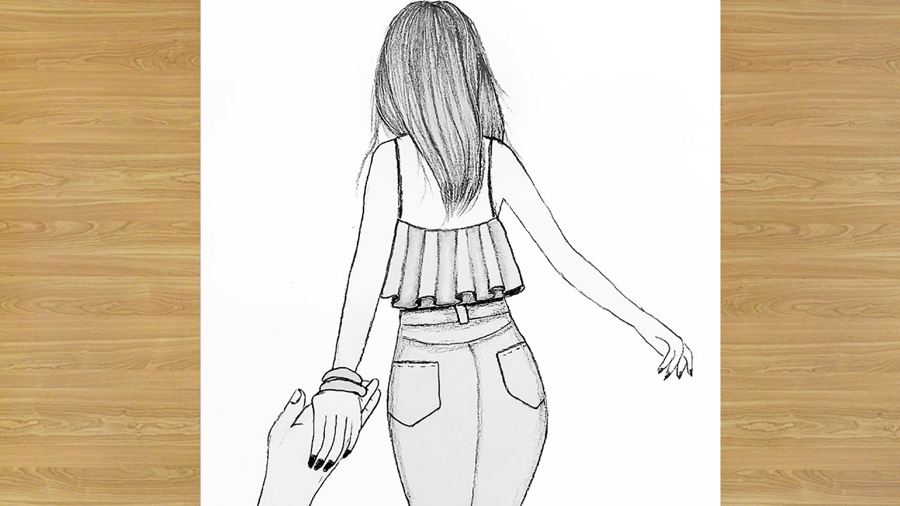 Simple Drawing Girl Easy / How to Sketch a Girl Back View Holding Hand ...