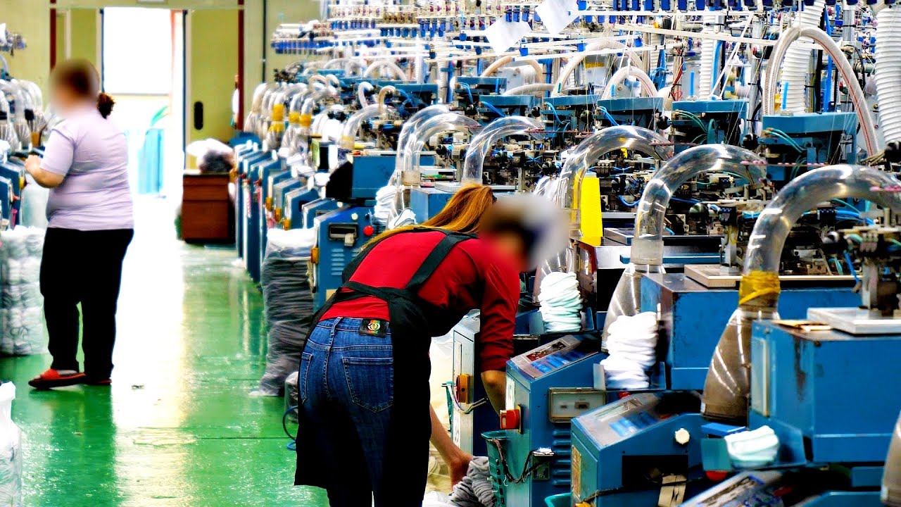 Mass production process of everyday essential socks. Sock factory in ...