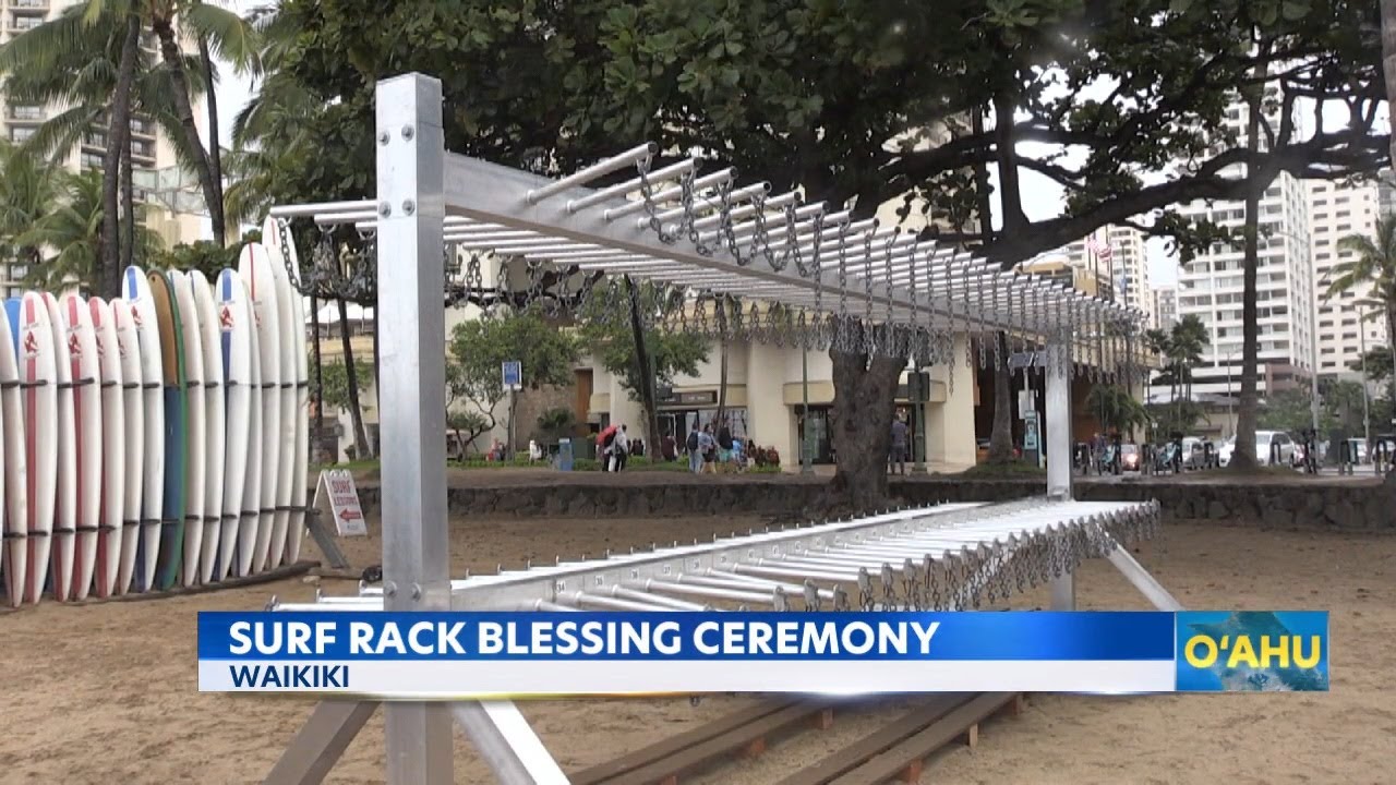 A new surfboard rack is unveiled in Waikiki - YouTube