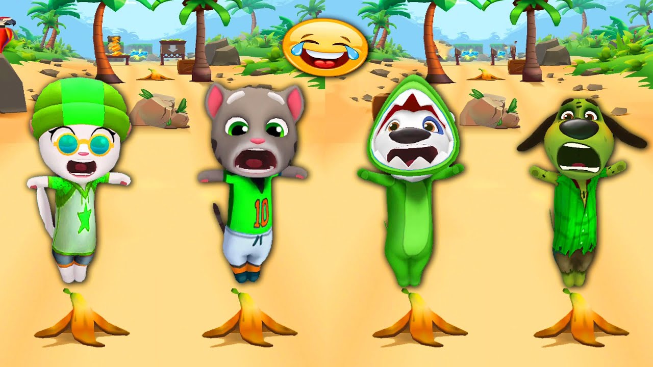 TALKING TOM GOLD RUN - ALL AMAZING GREEN CHARACTER BANANA SLIPS/FALLS ...