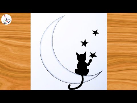 Crescent Moon Drawing||Cat sitting on Moon Drawing||Easy Drawing ideas ...