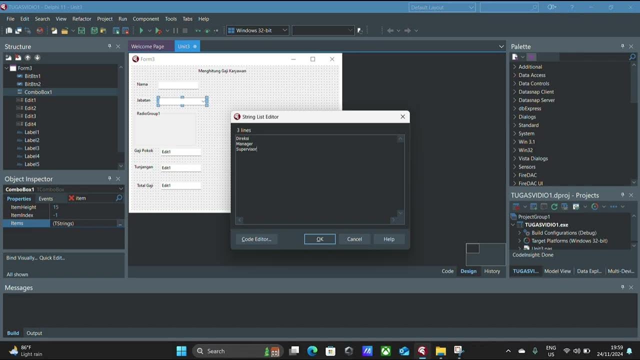tutorial coding menghitung gaji karyawan menggunakan aplikasi delphi - YouTube