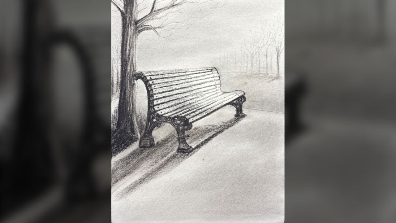 Pencil Drawing for Beginners: Park Bench & Tree with pencils | Step by ...