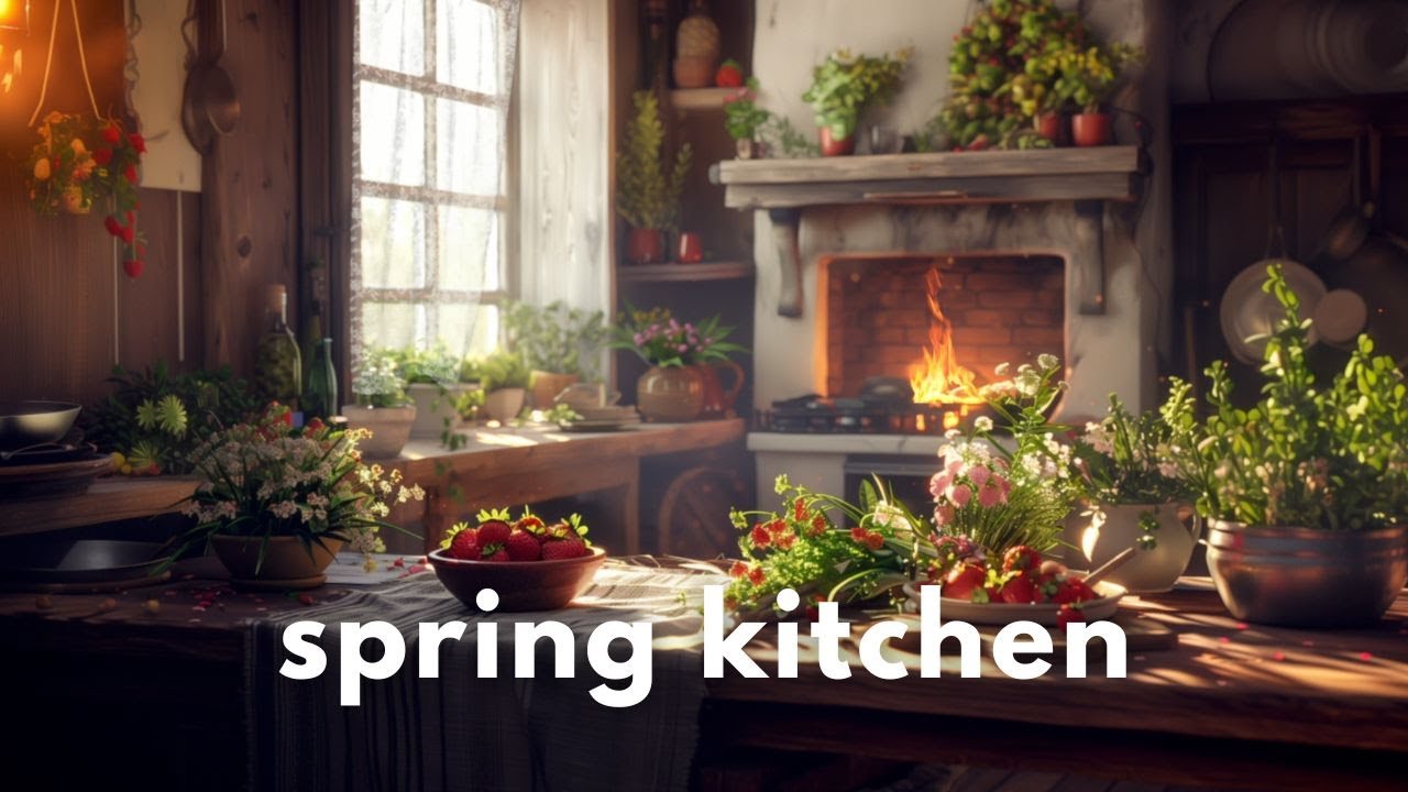Spring Kitchen Ambience 🍓 | Cozy Fireplace & Morning Ambience ...