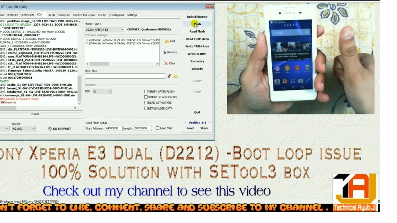 Sony Xperia E3 Dual D2212 Boot loop SEtool2 box - YouTube