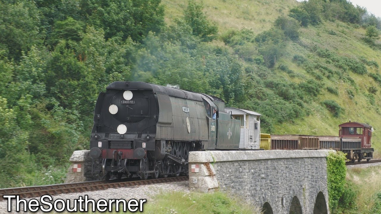 34070 "Manston" hauls a demonstration freight set on the Swanage ...