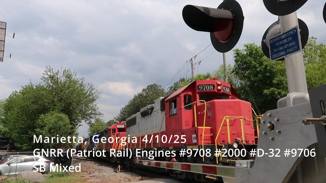 GNRR (Patriot Rail) Engines #9708 #2000 #D-32 #9706 SB Mixed Marietta Georgia 4/10/25 - YouTube