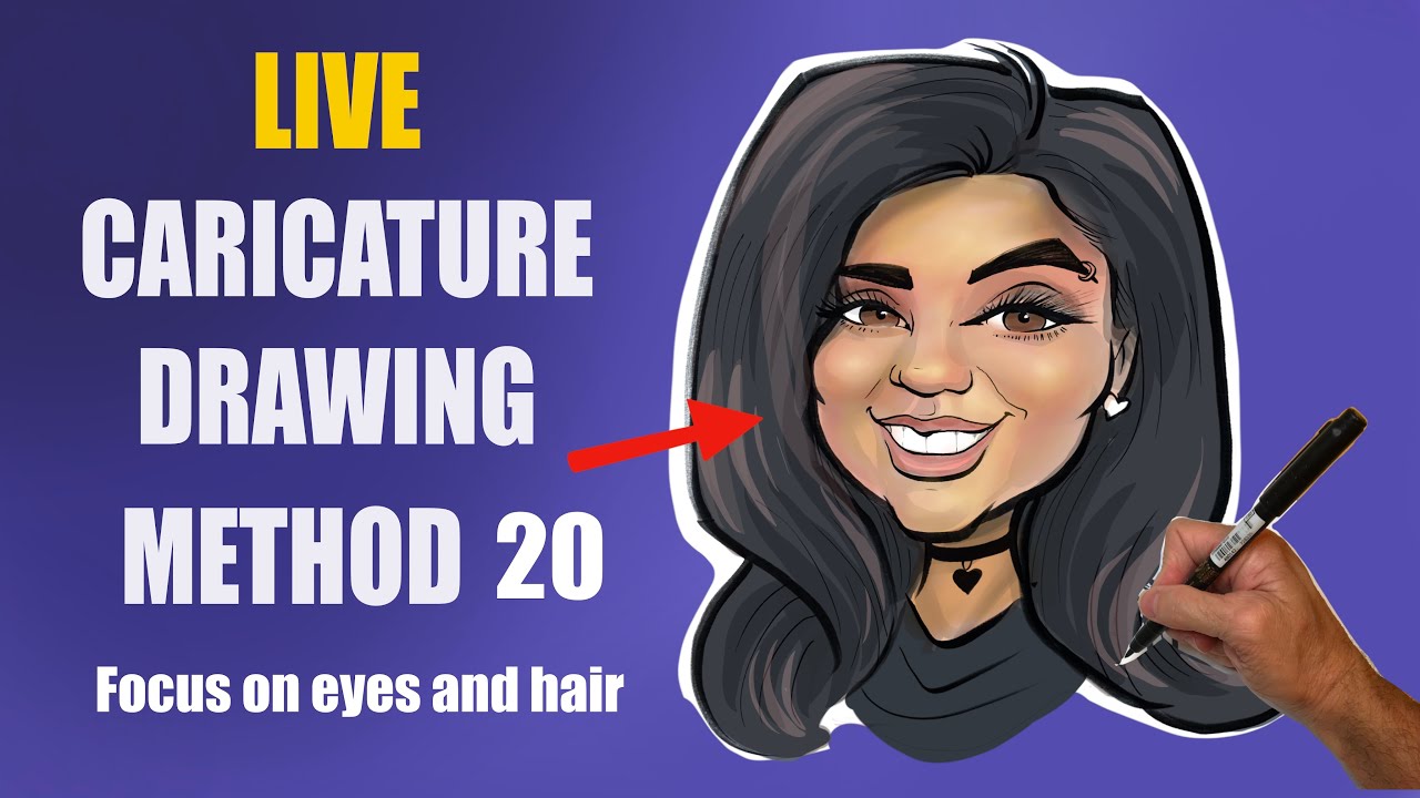 Live Caricature Drawing Method 20 : focus on eyes and hair - YouTube