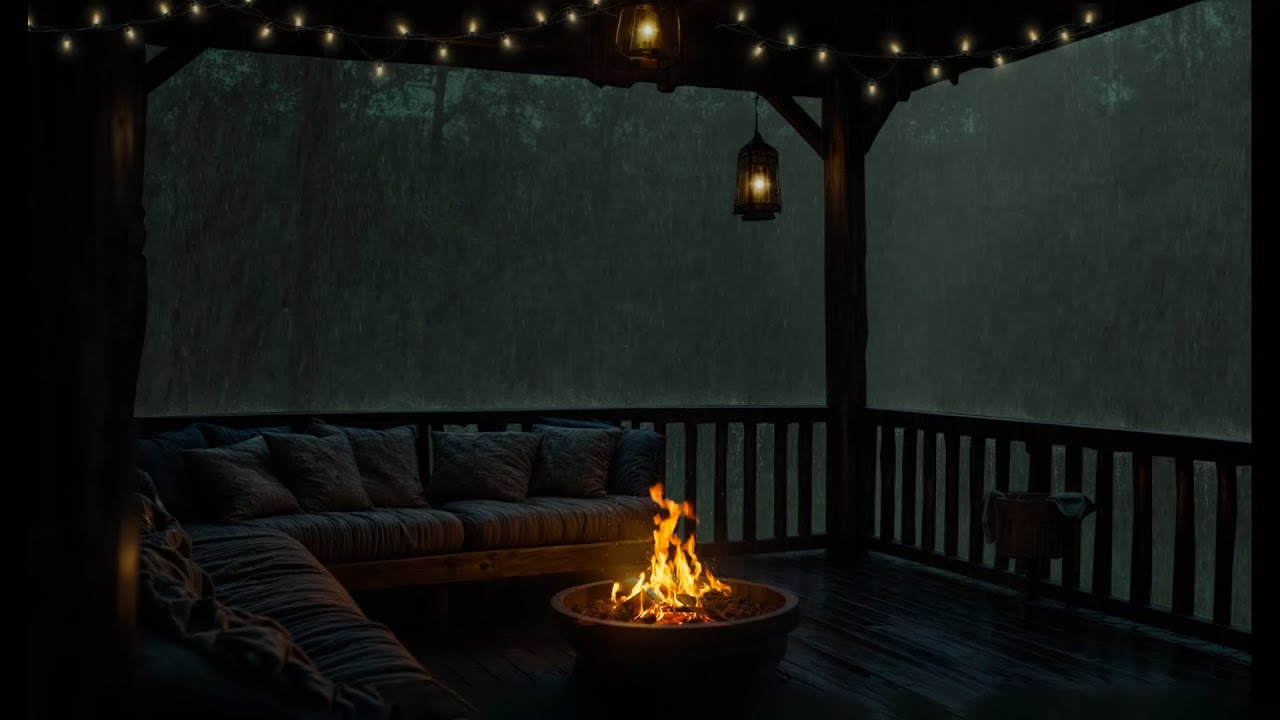 🌦️ Dark Porch in the Rainy Forest |Soft Rain, Rolling Thunder & Warm Firelight for Deep ...