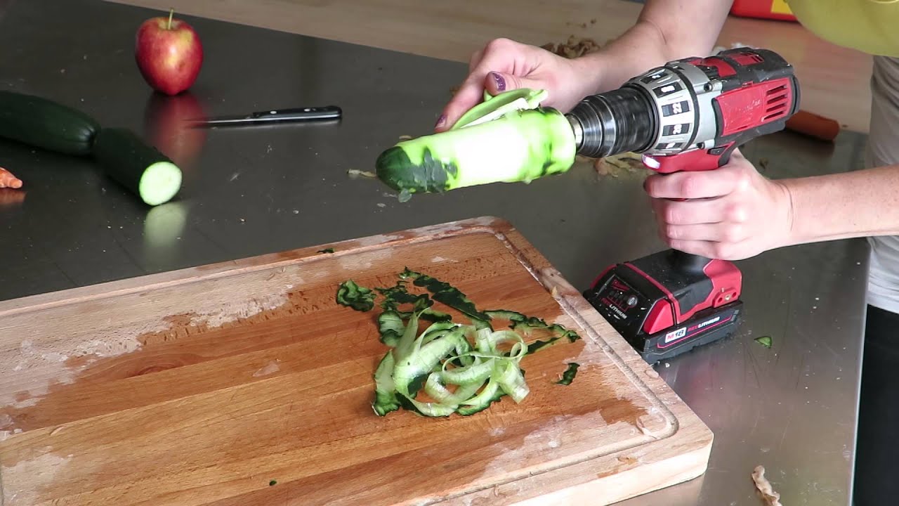 Peeling a Cucumber with a Hand Drill - YouTube