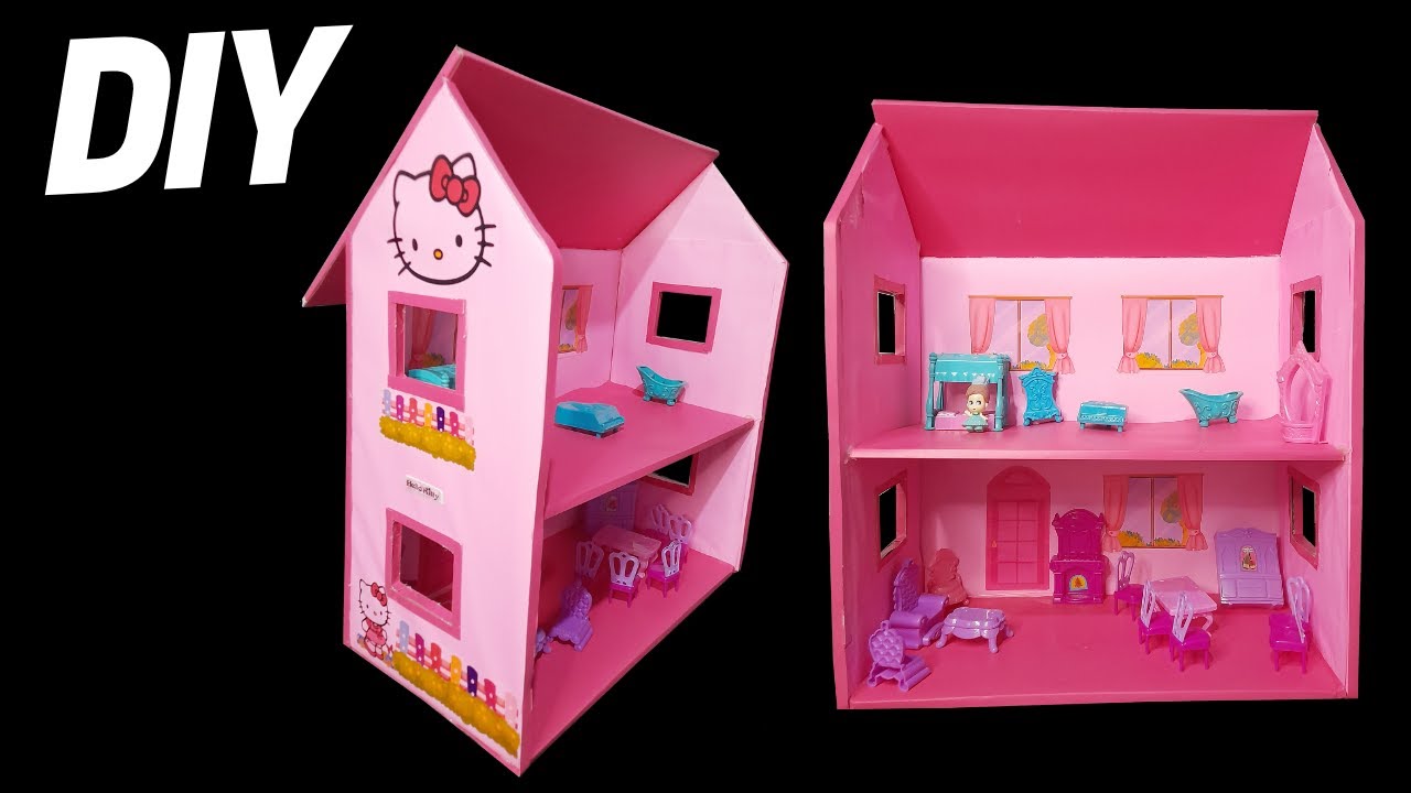 Hello Kitty DIY Dollhouse Made of Cardboard Box - YouTube