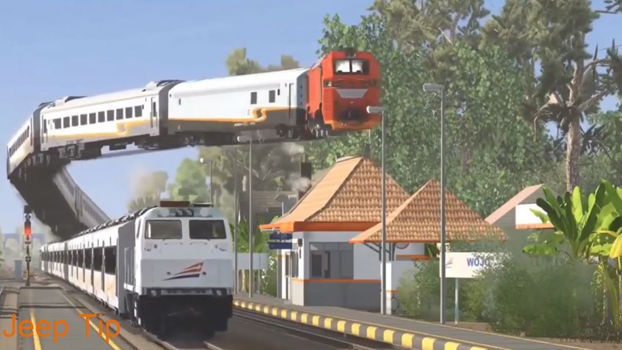 flying train in the sky !!! the train fly green ground & over the other train by jeep tip - YouTube