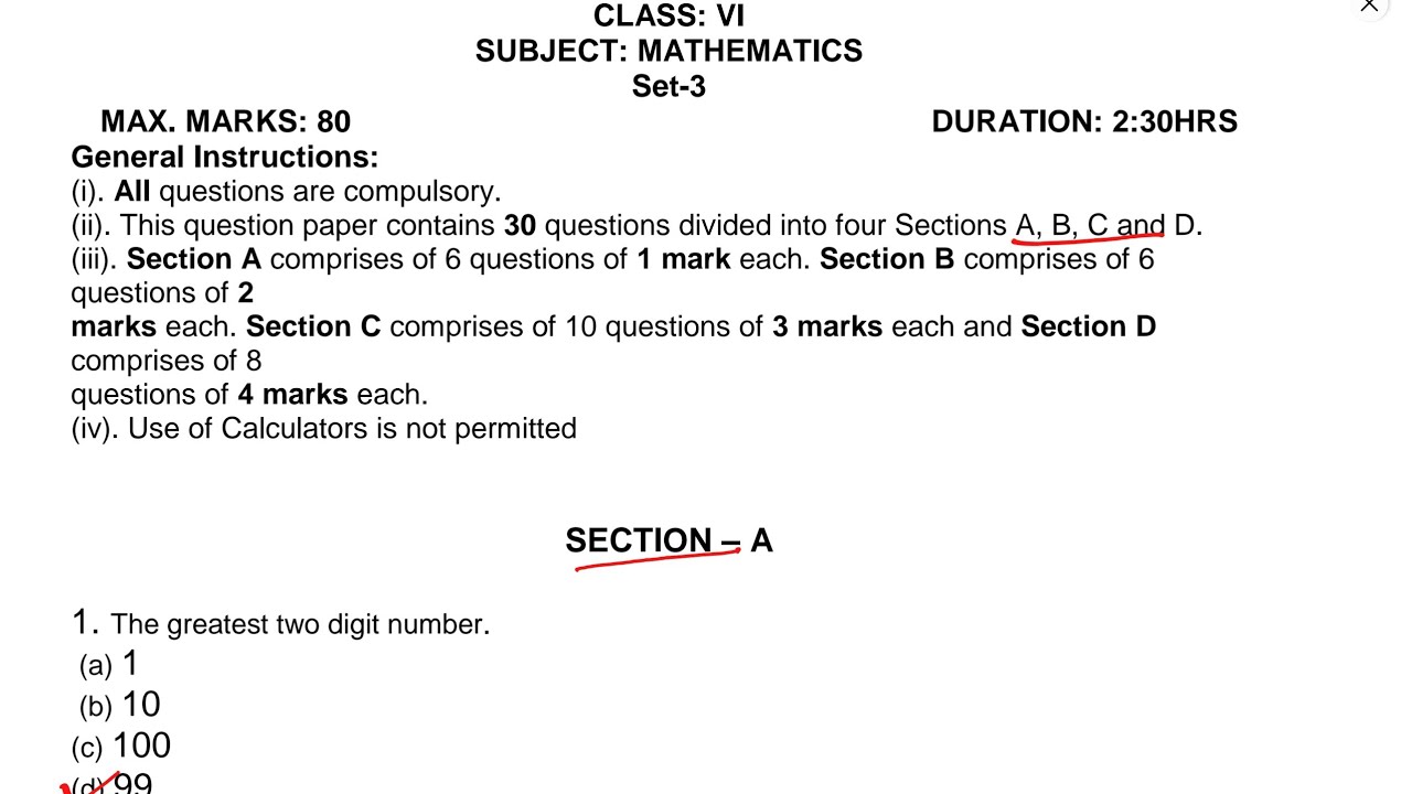 MATHS /CLASS -VI HALF YEARLY QUESTION PAPER CBSE - YouTube