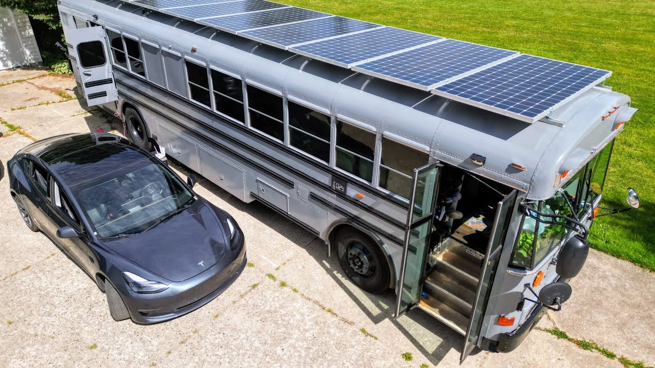 Charging a Tesla with Solar Panels | Off-Grid Bus Power - YouTube