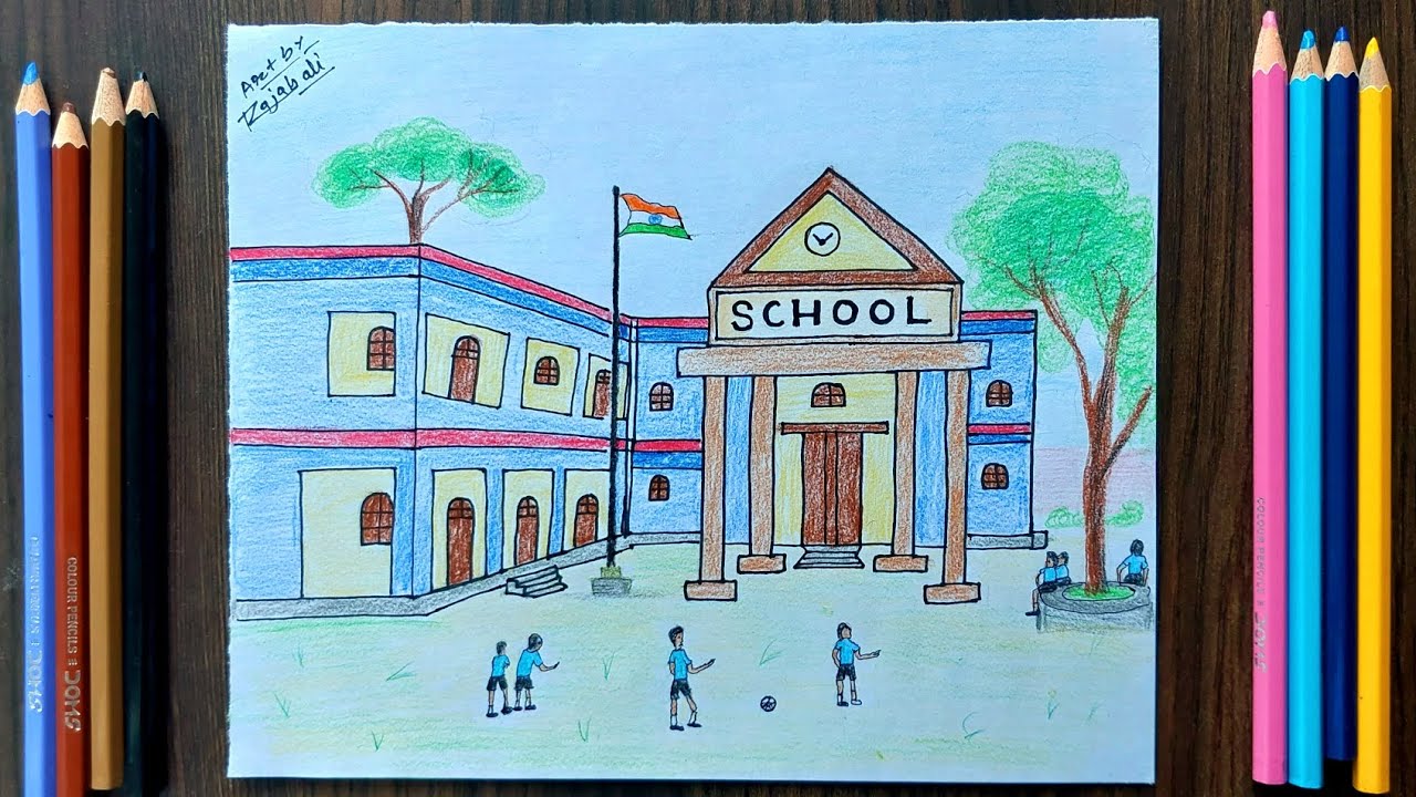 How To Draw Beautiful School Easy || School Scene Drawing - YouTube