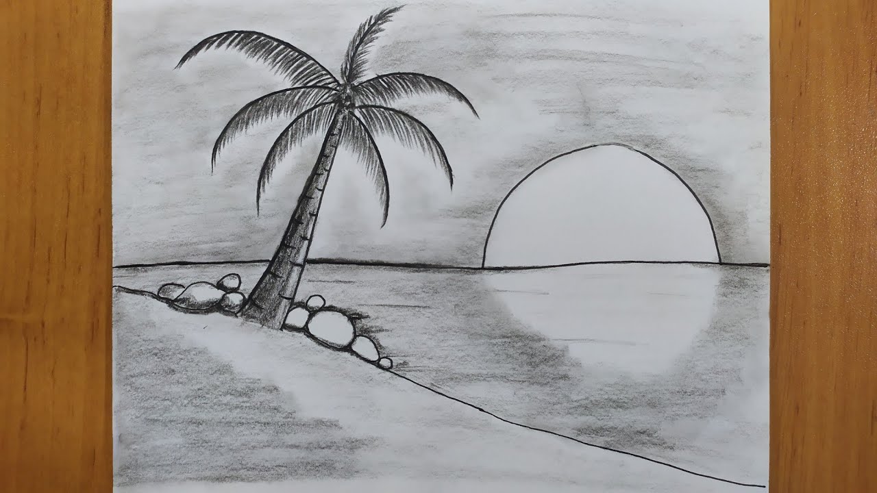 How to draw a sunset landscape: Easy drawing of a sunset landscape with ...