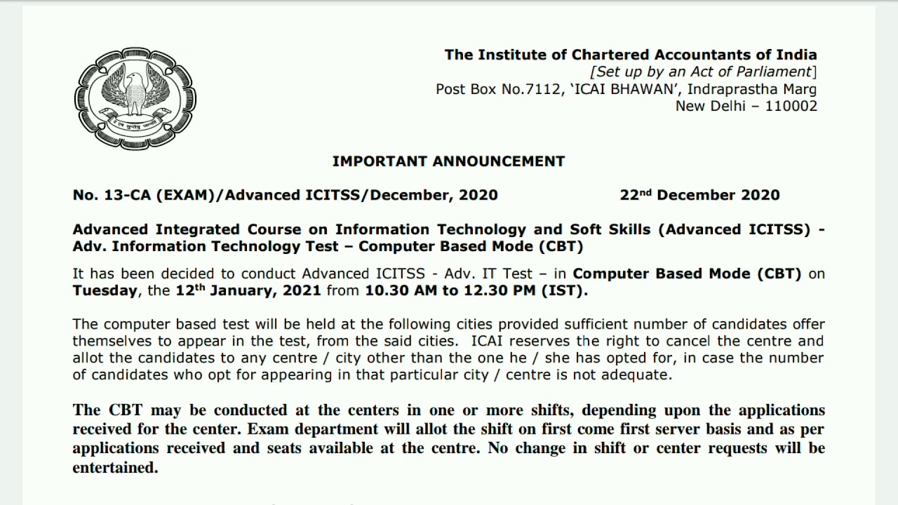 ICAI IMPORTANT ANNOUNCEMENT - Advance ITT test - YouTube