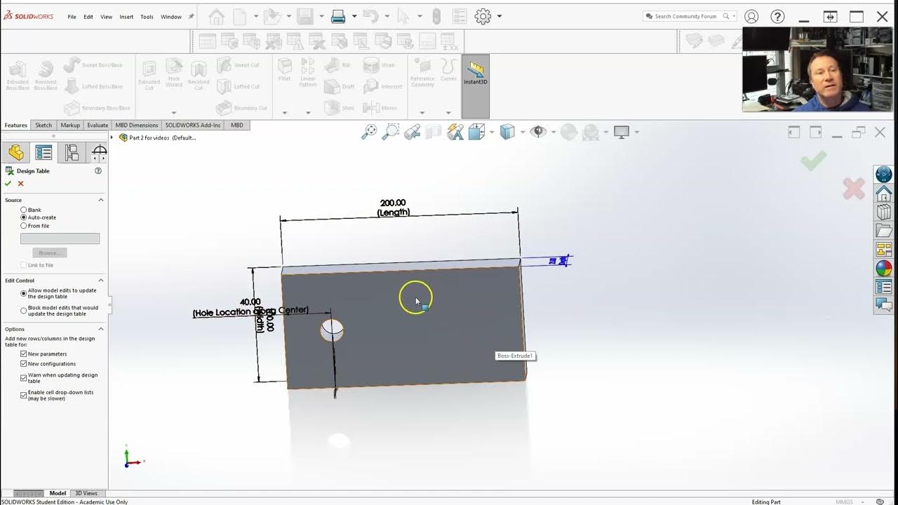 SolidWorks: Design Table Basics - Auto Create (Section 7-1) - YouTube