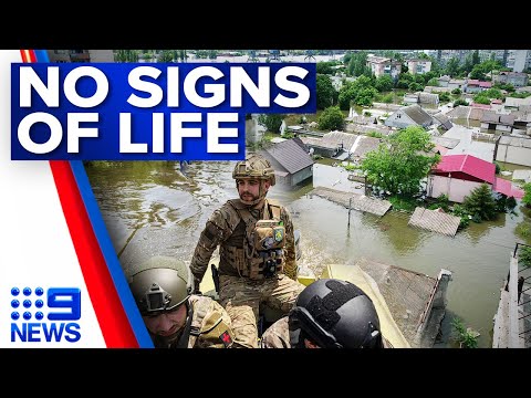 No signs of life in drone footage of dam devastation in Ukraine | 9 News Australia