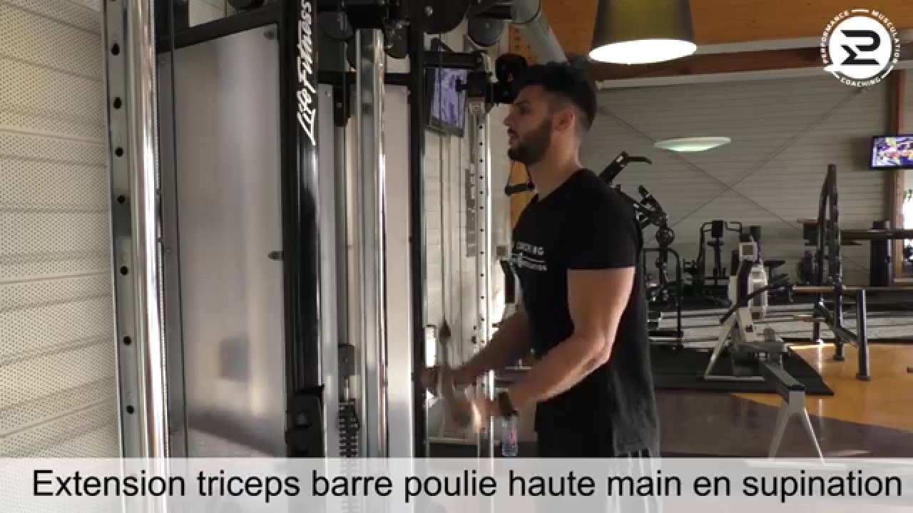 Extension triceps barre à la poulie haute prise supination - YouTube