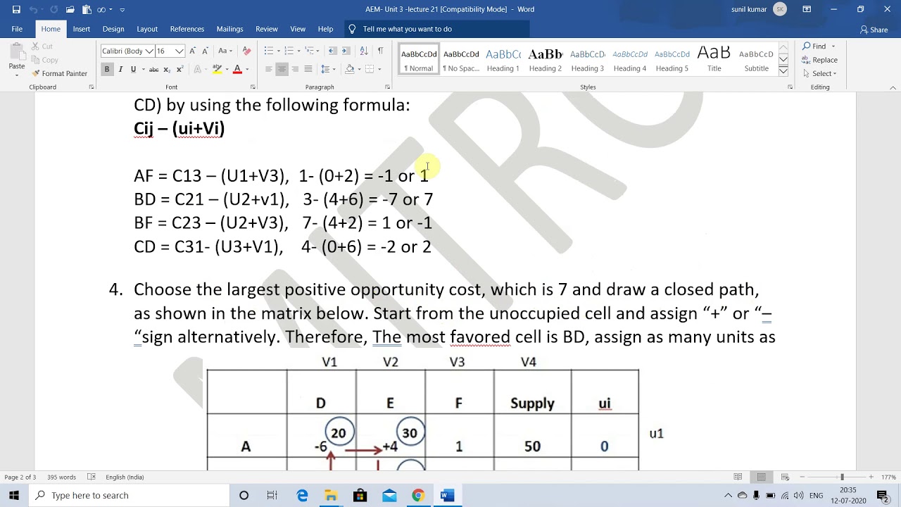 3CSE, AEM, UNIT-3, L-21, Modified Distribution Method by Sunil Kumar Sharma - YouTube