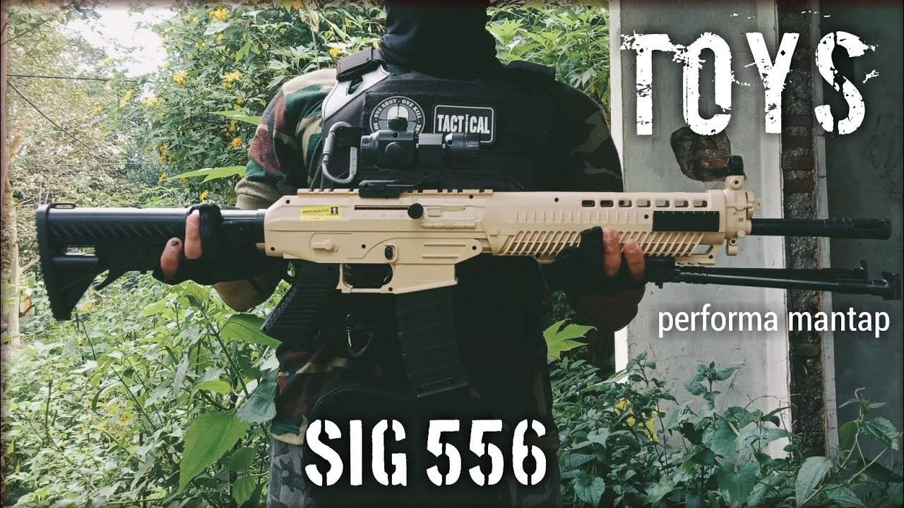 review dcobra sig 556 desert war, airsoft spring mainan indonesia - YouTube
