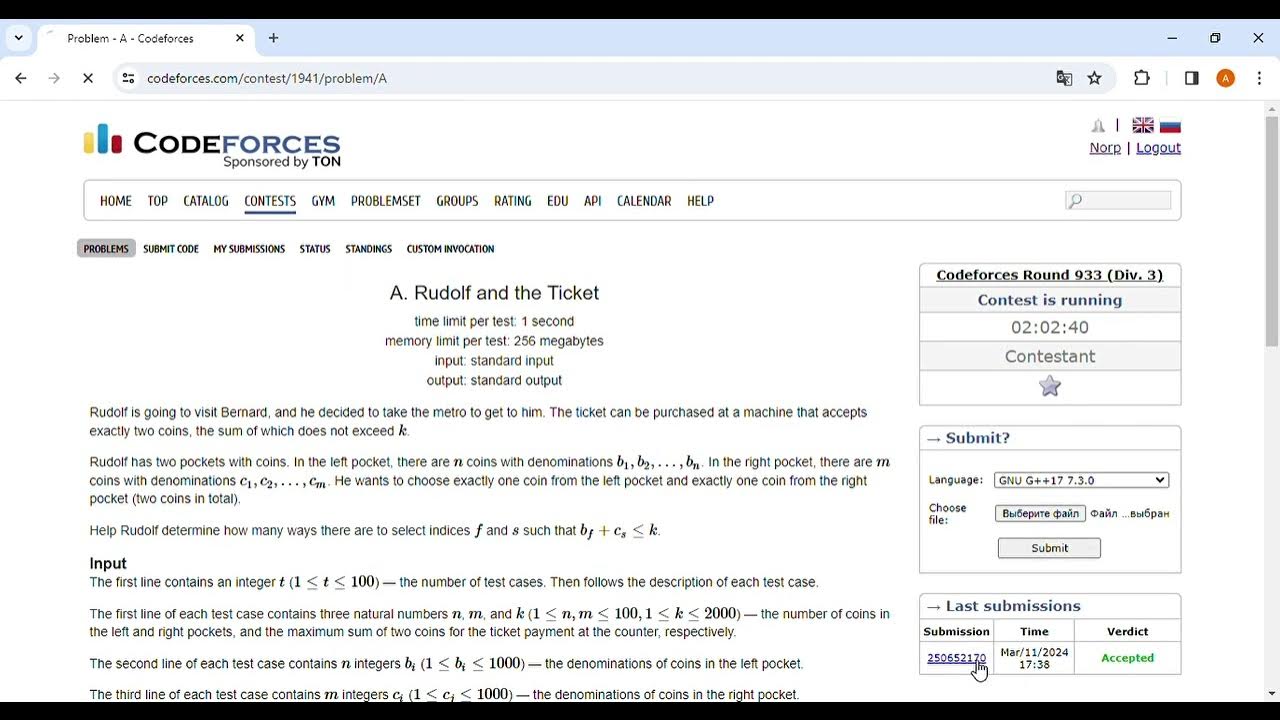 Codeforces Round 933 (Div. 3) A. Rudolf and the Ticket Full AC - YouTube