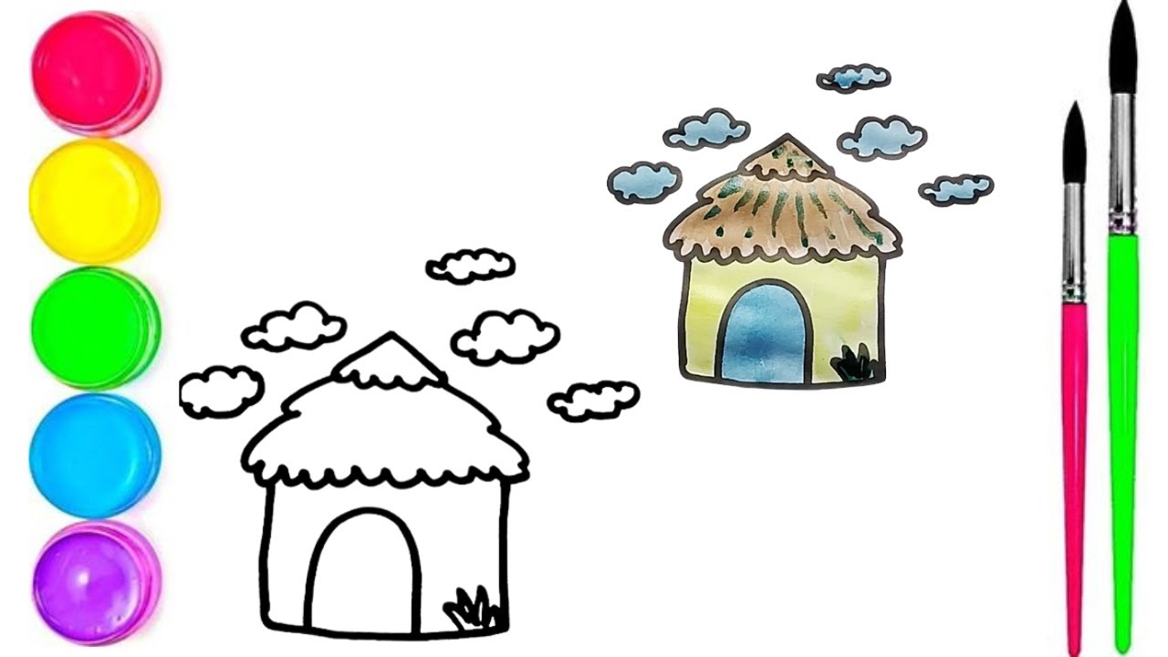 How To Draw cute Hut Drawing, Painting & water Coloring For Kids and ...